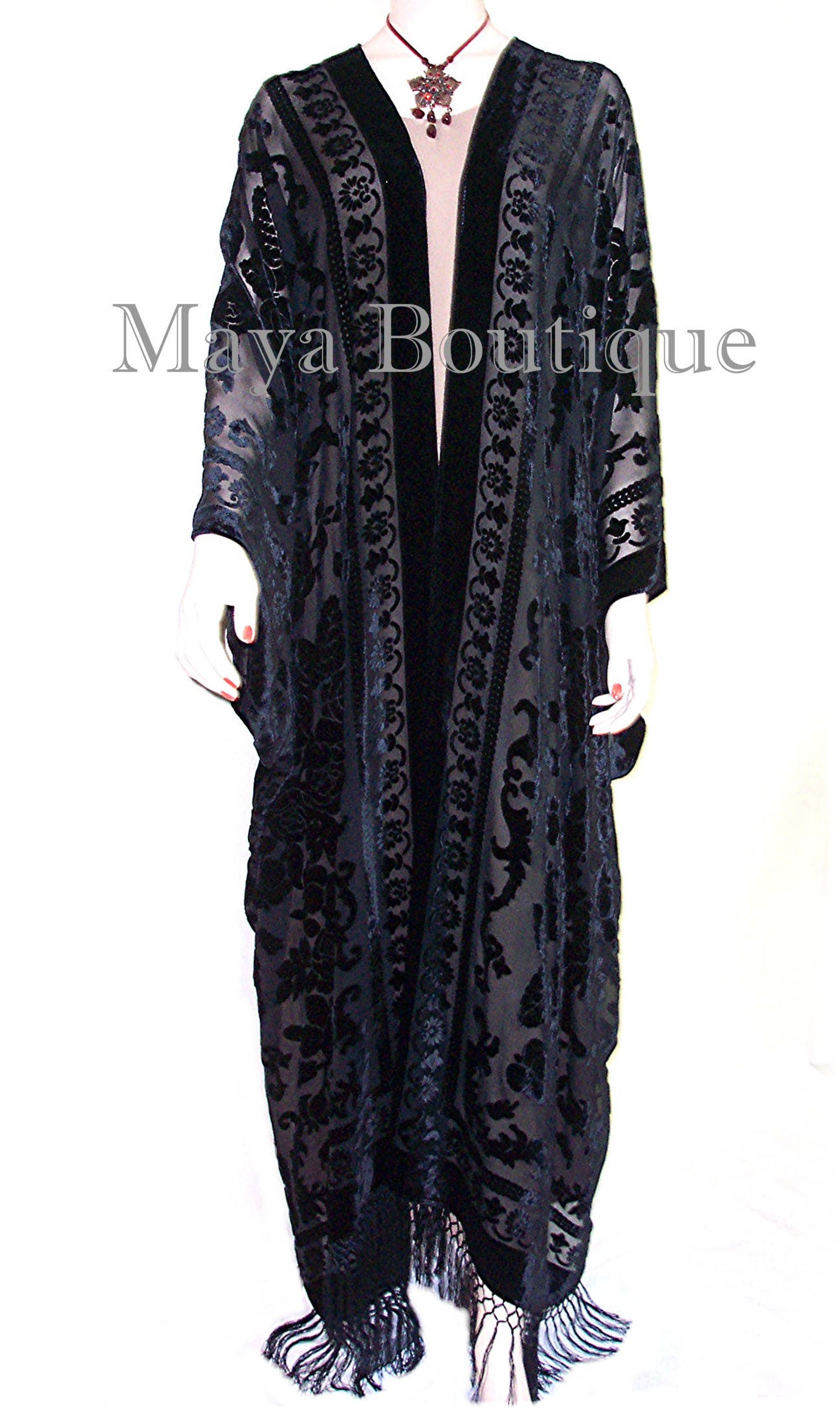 Maya Matazaro Opera Caftan Kimono Duster Burnout Velvet Black Extra ...