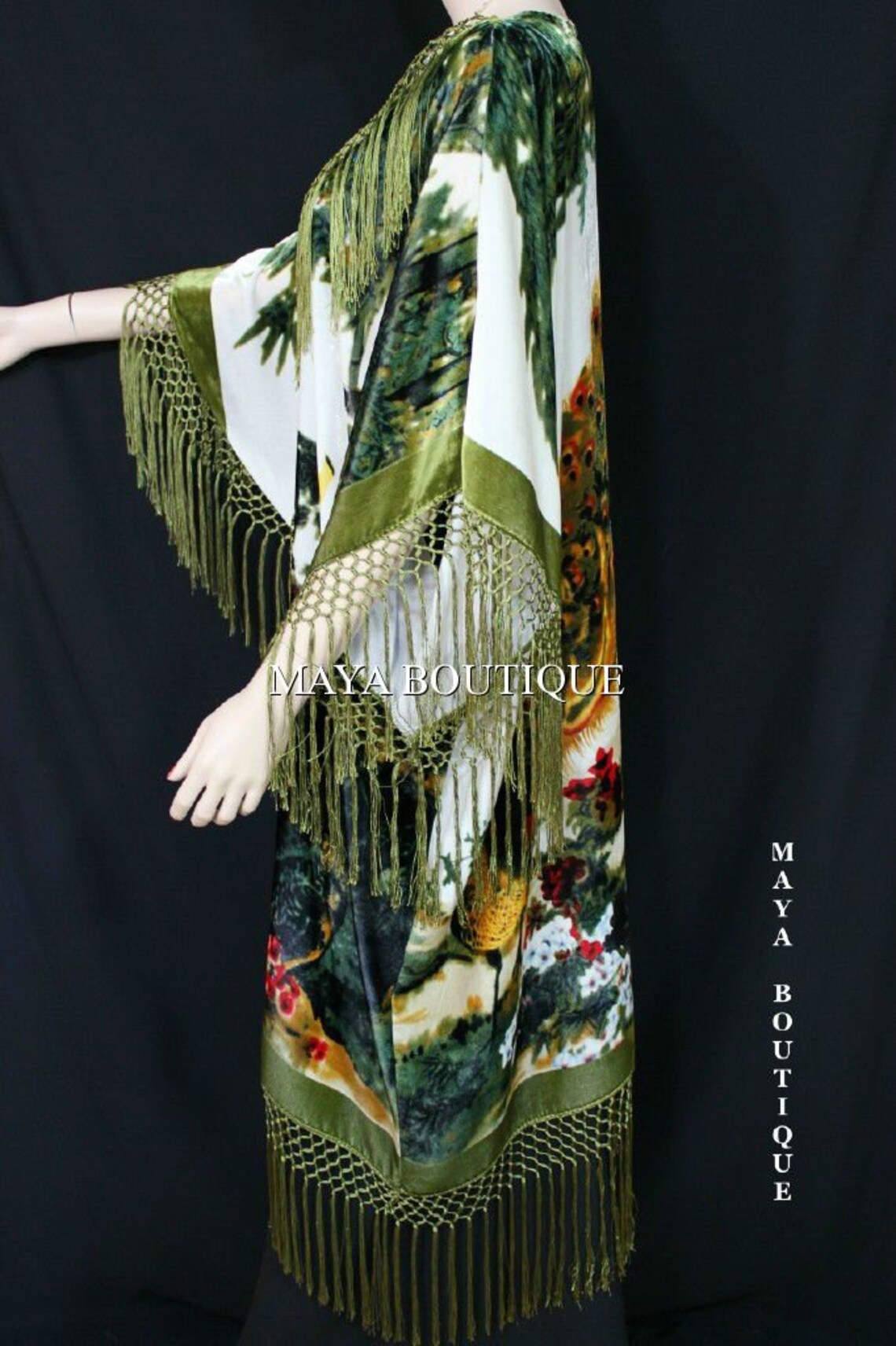 Peacock Ivory Multi Fringe Jacket Kimono Duster Silk Solid Velvet Maya ...