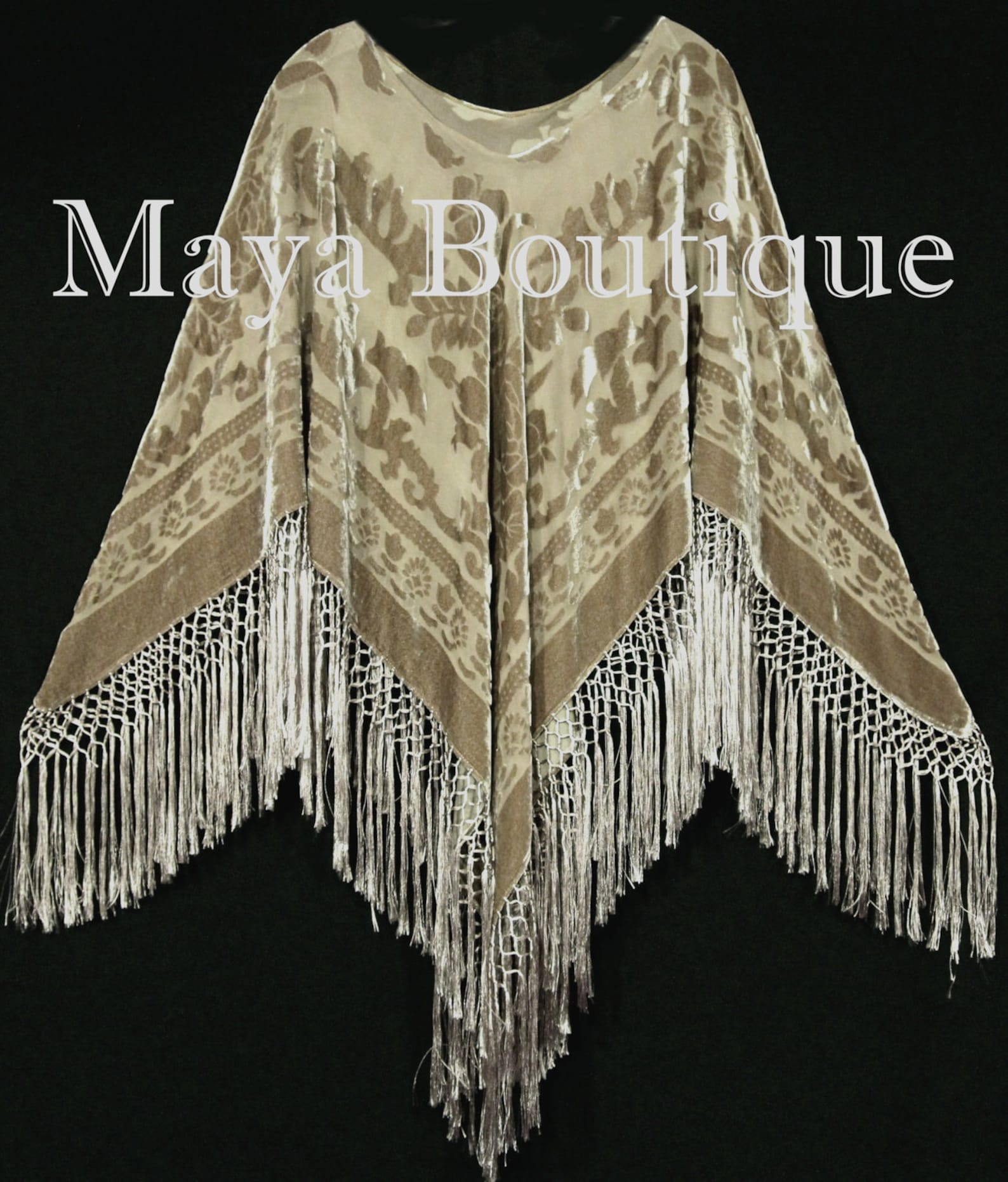 Beige Silk Burnout Velvet Poncho Shawl Fringe Top Maya Matazaro One ...