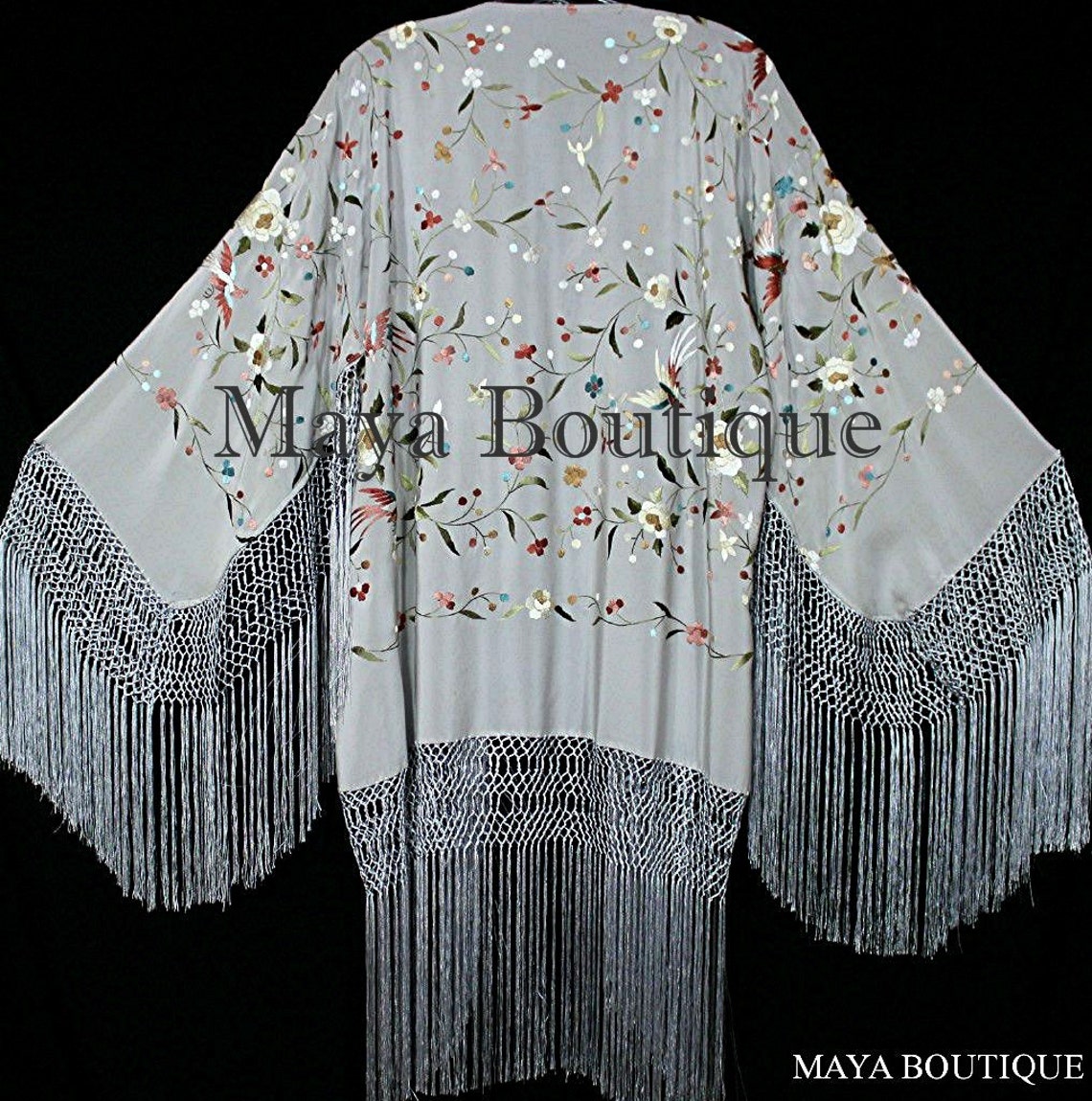 Embroidered Silk Fringe Jacket Kimono Short Silver Gray Multi Birds ...