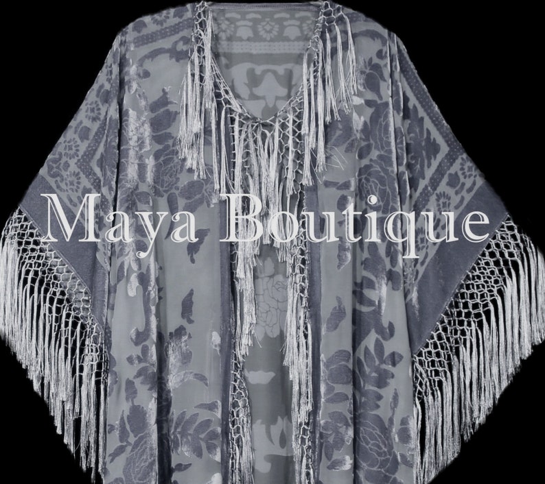 Silver Gray Fringe Jacket Kimono Duster Silk Burnout Velvet Maya ...