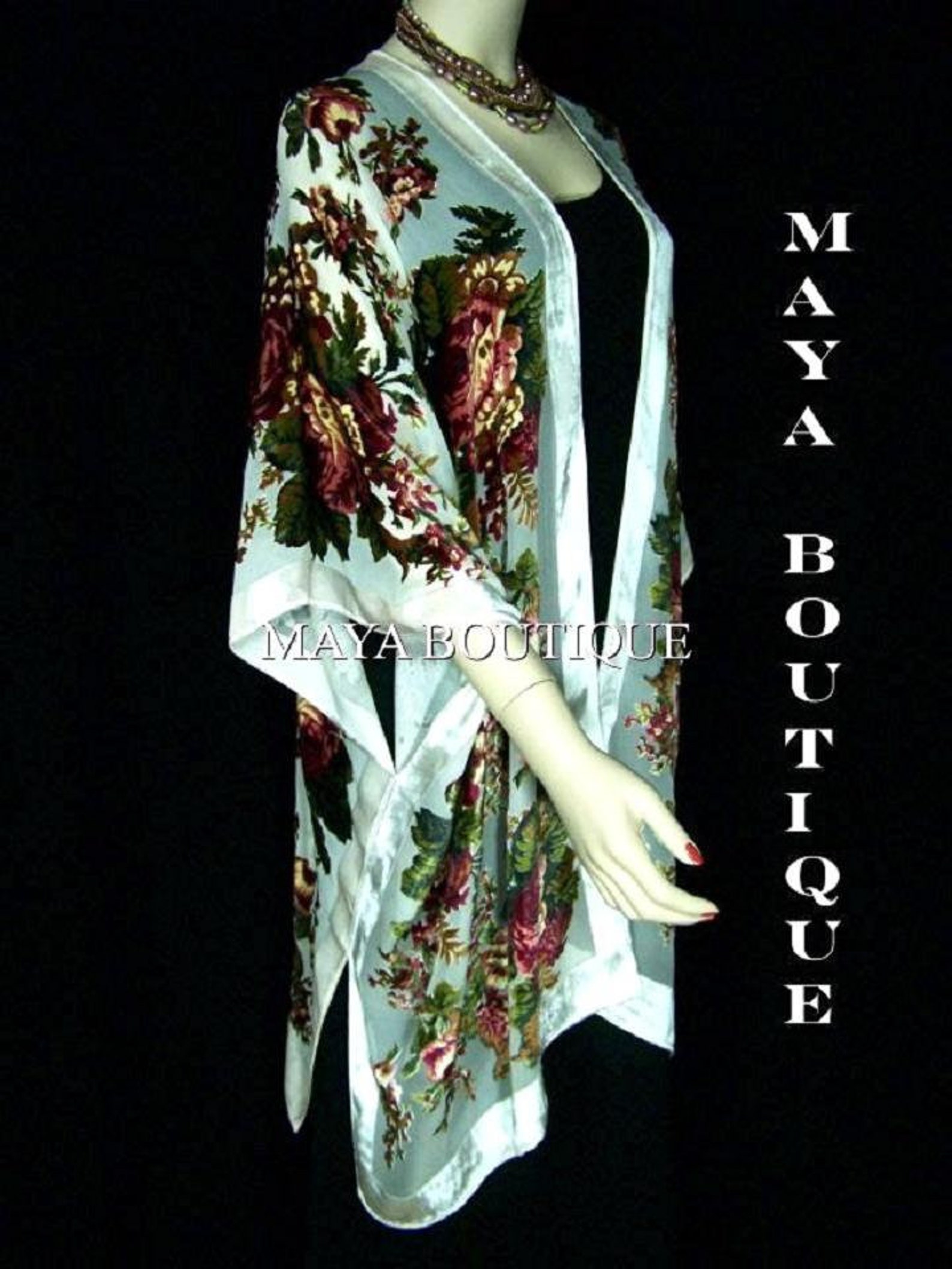 Caftan Kimono Duster Silk Burnout Velvet White Multi Gypsy Rose Maya ...