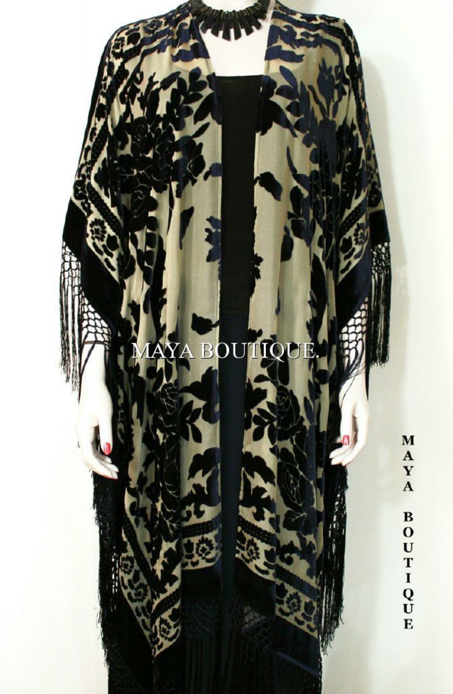 Caftan Duster Fringe Jacket Kimono Black & Beige Silk Burnout Velvet ...