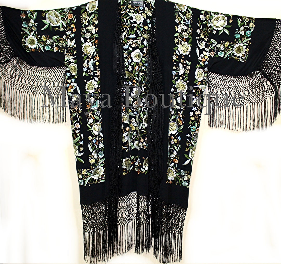 Embroidered Flamenco Silk Opera Coat Kimono Fringe Jacket Floral Birds ...