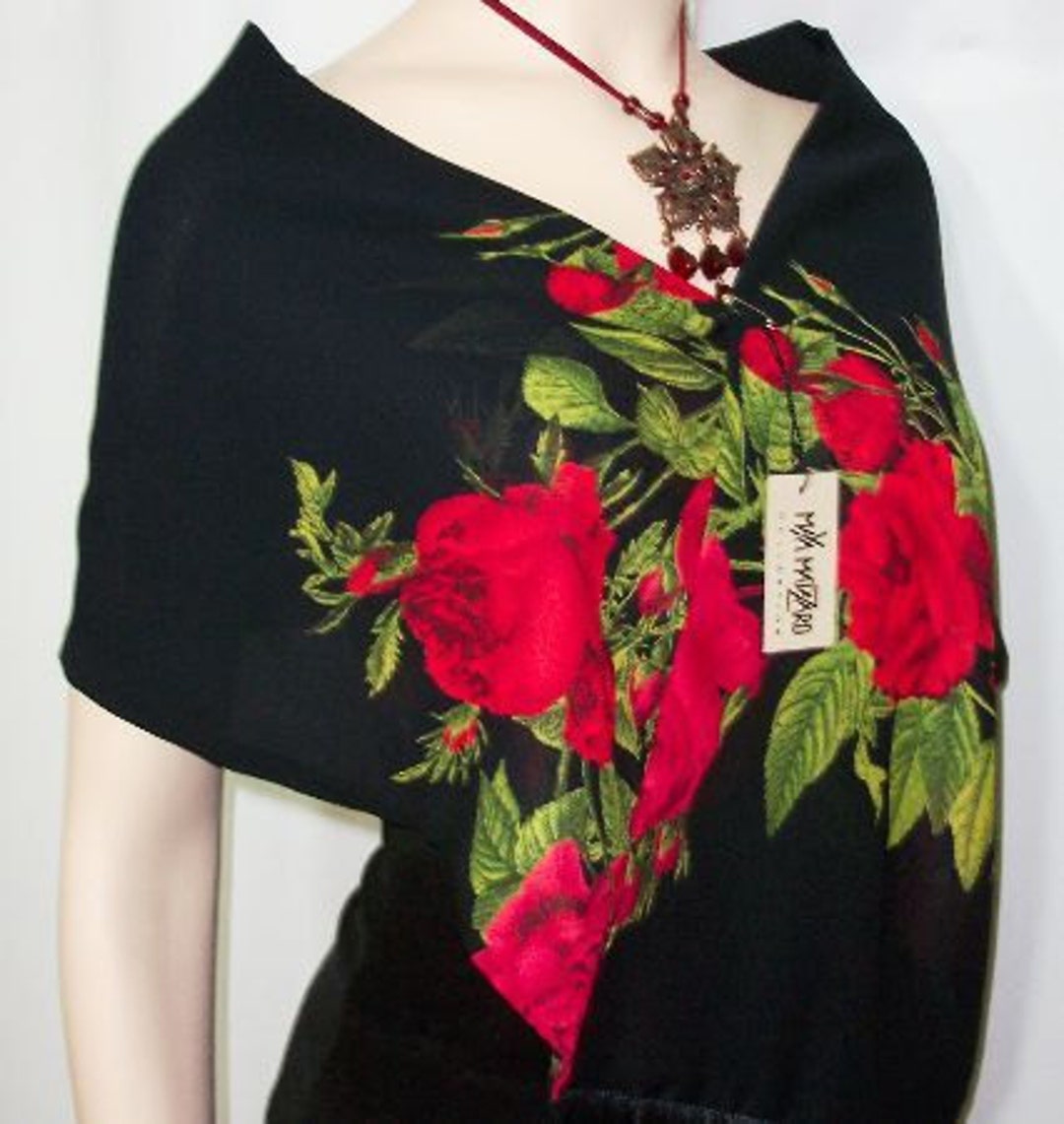 American Red Rose Scarf Georgette With Fringes Maya Matazaro USA Made ...