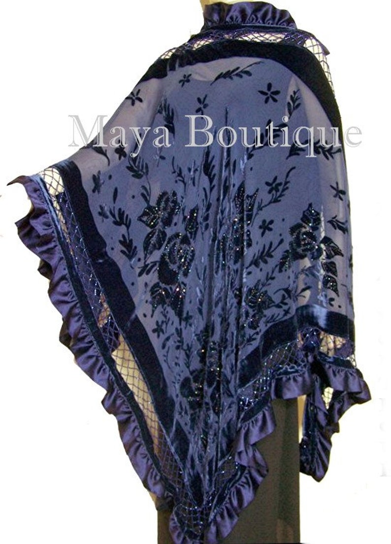 Navy Blue Shawl Scarf Wrap Silk Burnout Velvet Triangle Ruffles Maya ...