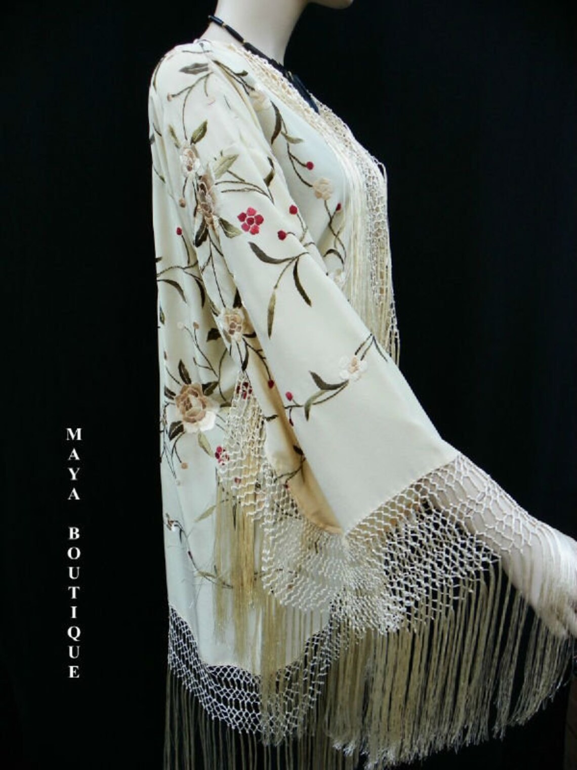 Silk Embroidered Fringe Kimono Flapper Jacket Vanilla Maya Matazaro USA ...
