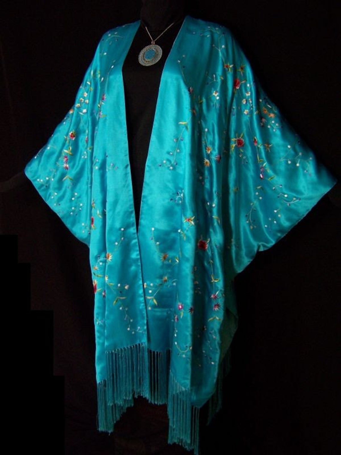Gorgeous Turquoise Embroidered Silk Kimono Caftan Duster Opera Coat XL ...