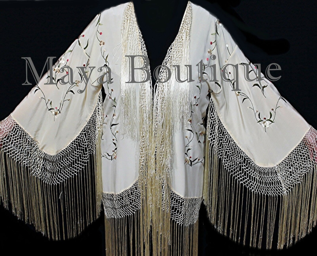 Silk Embroidered Fringe Kimono Flapper Jacket Vanilla Maya Matazaro USA ...