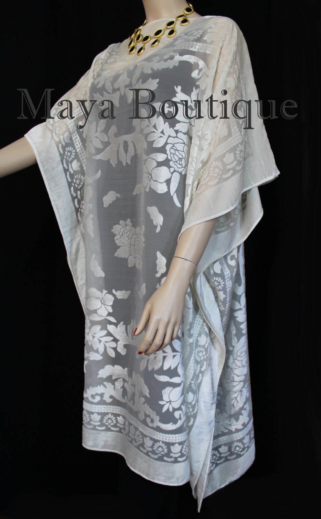 Burnout Velvet Caftan Dress Duster Kimono Ivory No Fringes Maya ...
