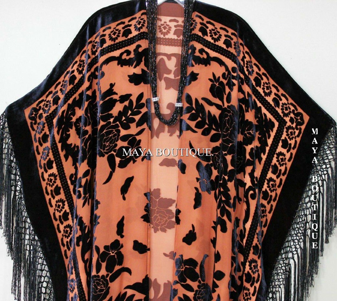 Caftan Duster Fringe Jacket Kimono Tangerine & Black Silk Burnout ...