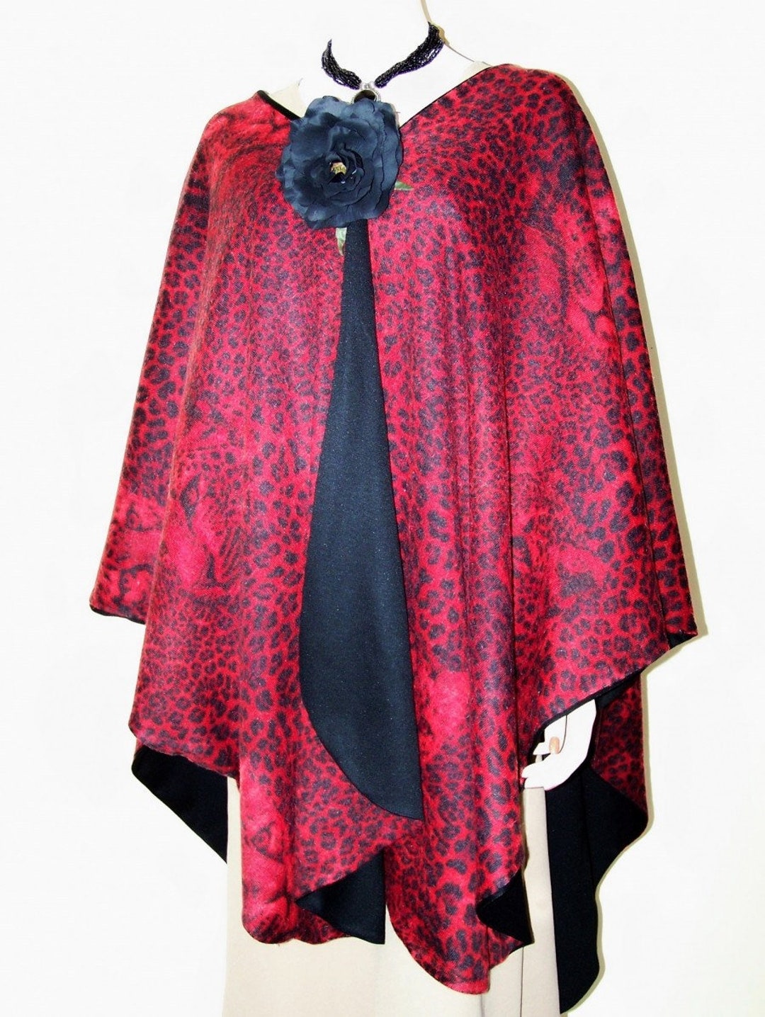 Stunning Cape Ruana Wrap Reversible Wool Cashmere Animal Print by Maya ...