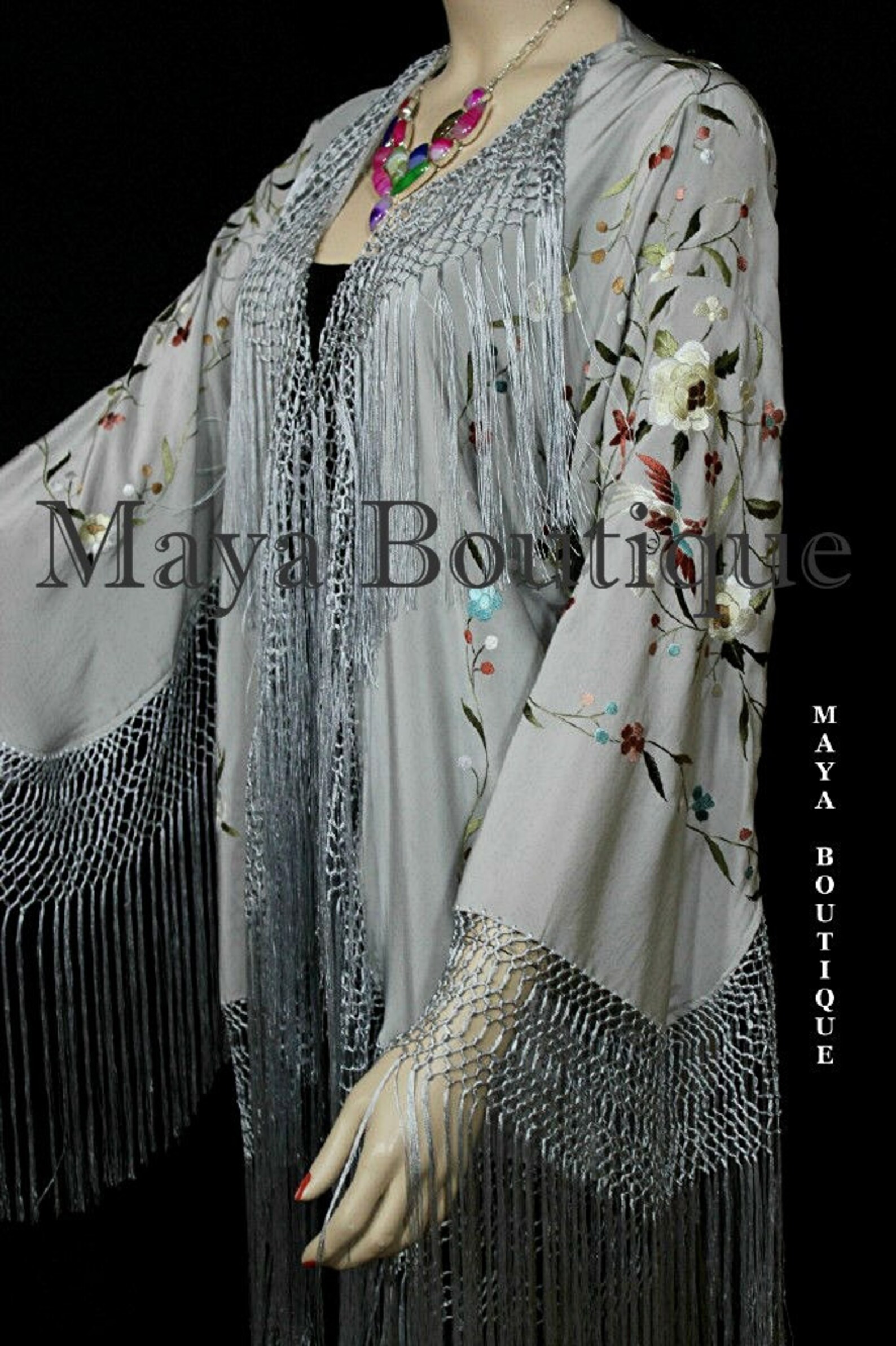 Embroidered Silk Fringe Jacket Kimono Short Silver Gray Multi Birds ...
