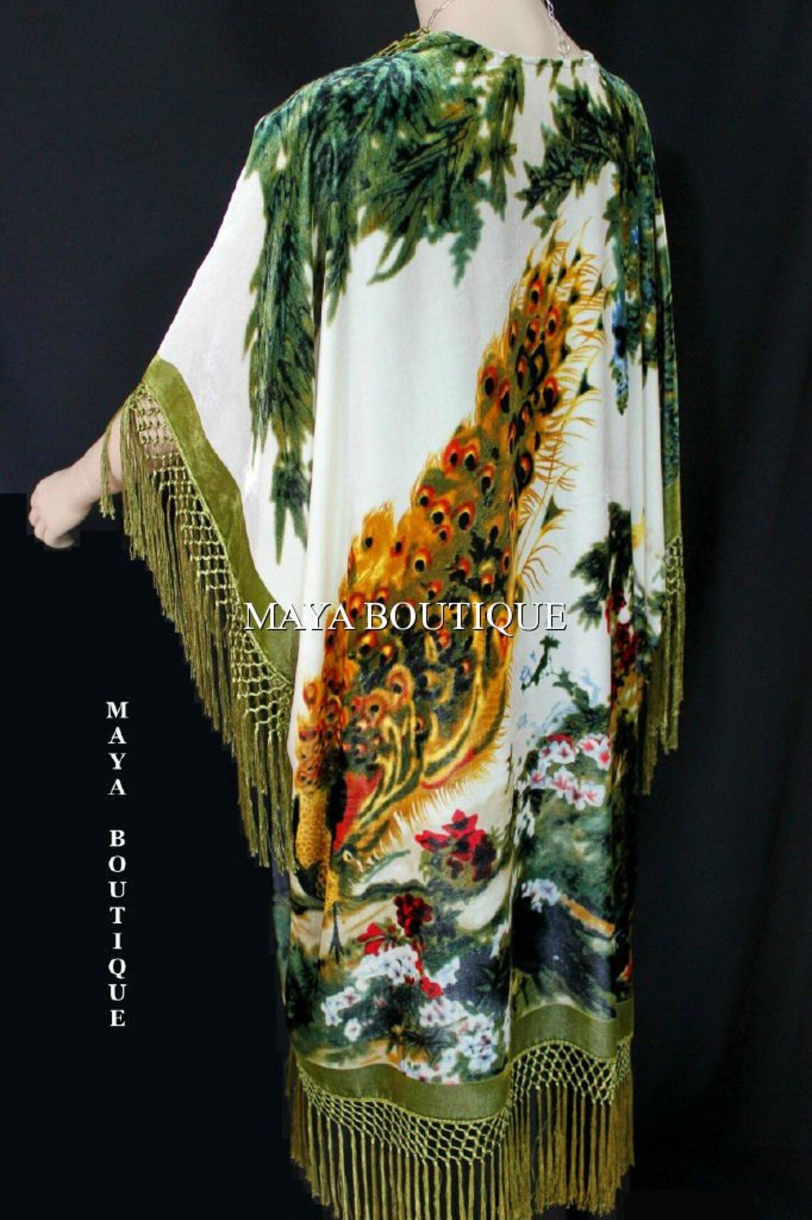 Peacock Ivory Multi Fringe Jacket Kimono Duster Silk Solid Velvet Maya ...