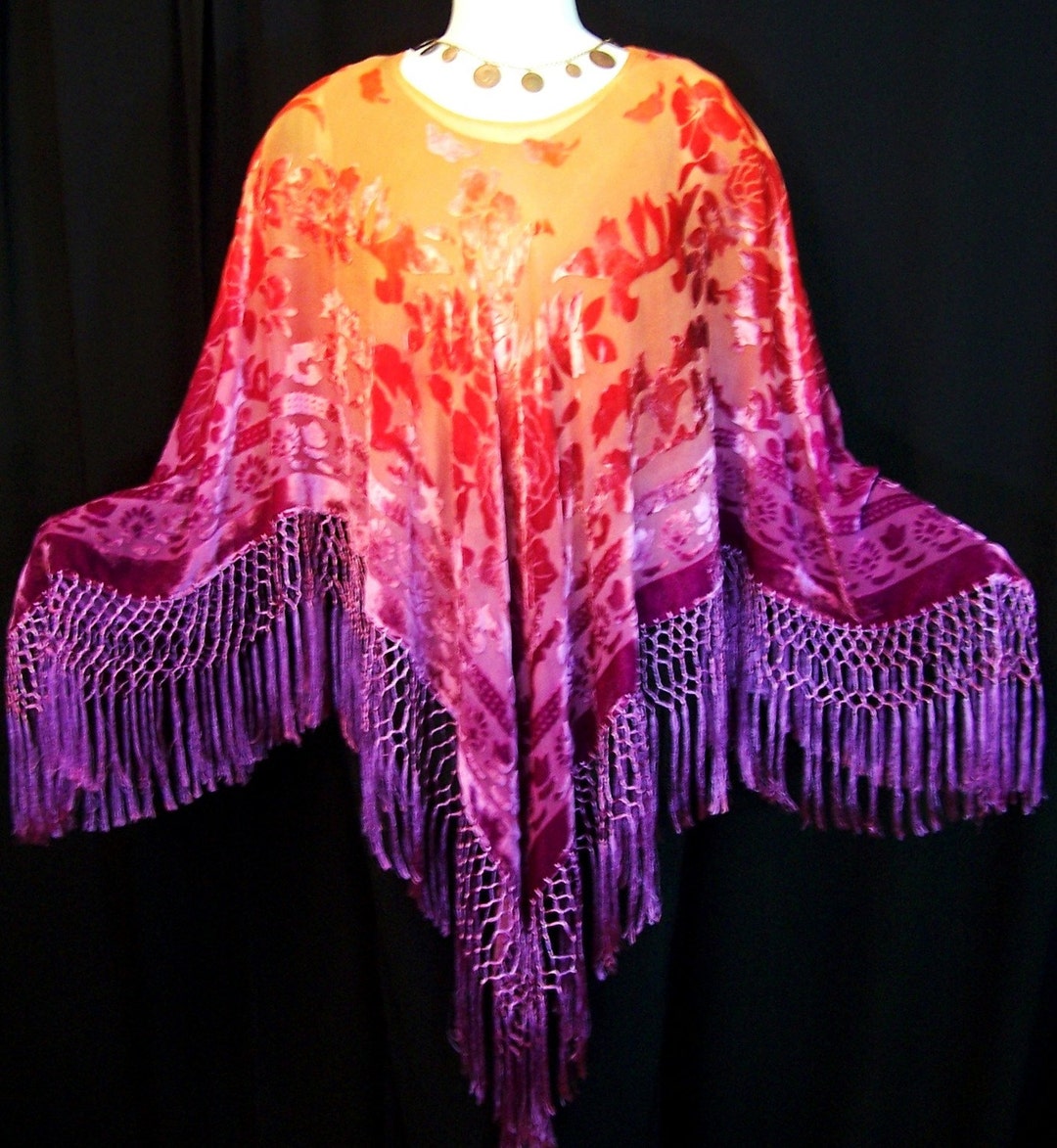 Silk Burnout Velvet Poncho Shawl Top Magenta and Coral Hand Dyed by ...