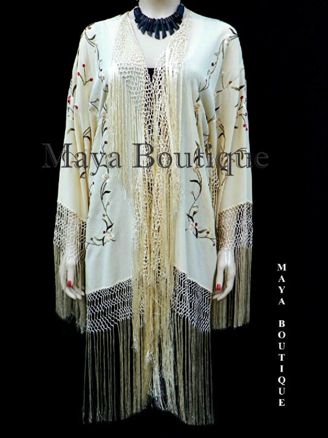 Silk Embroidered Fringe Kimono Flapper Jacket Vanilla Maya Matazaro USA ...