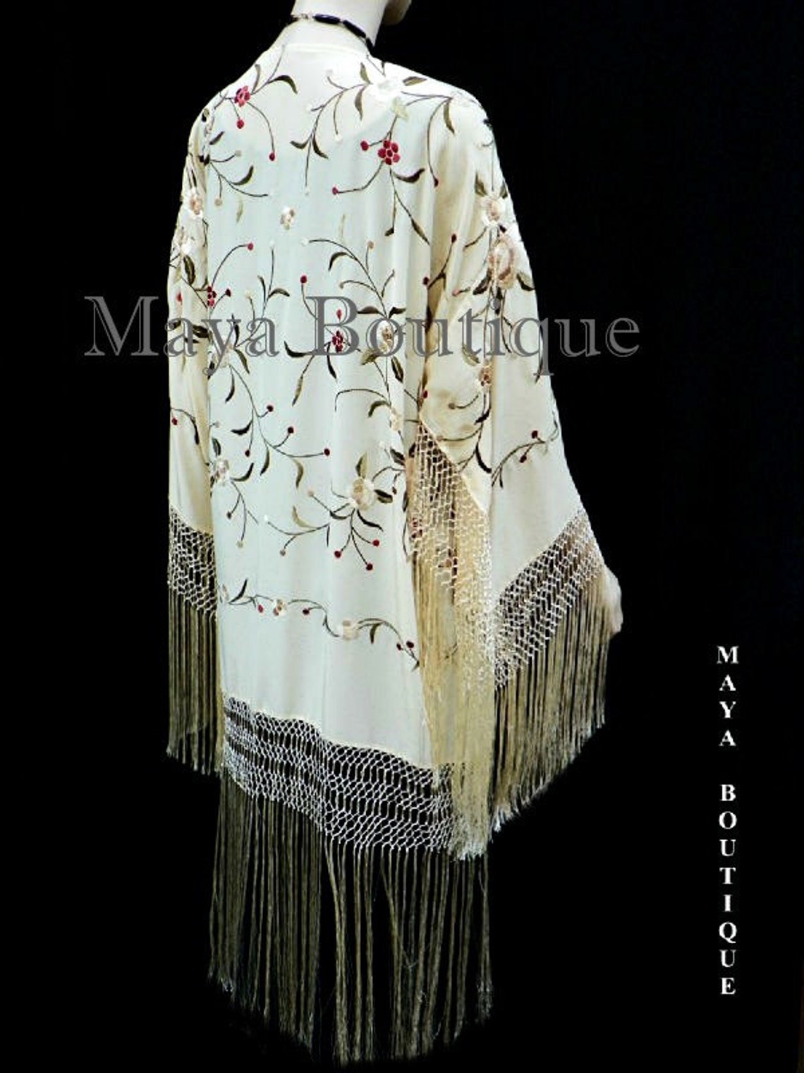 Silk Embroidered Fringe Kimono Flapper Jacket Vanilla Maya Matazaro USA ...