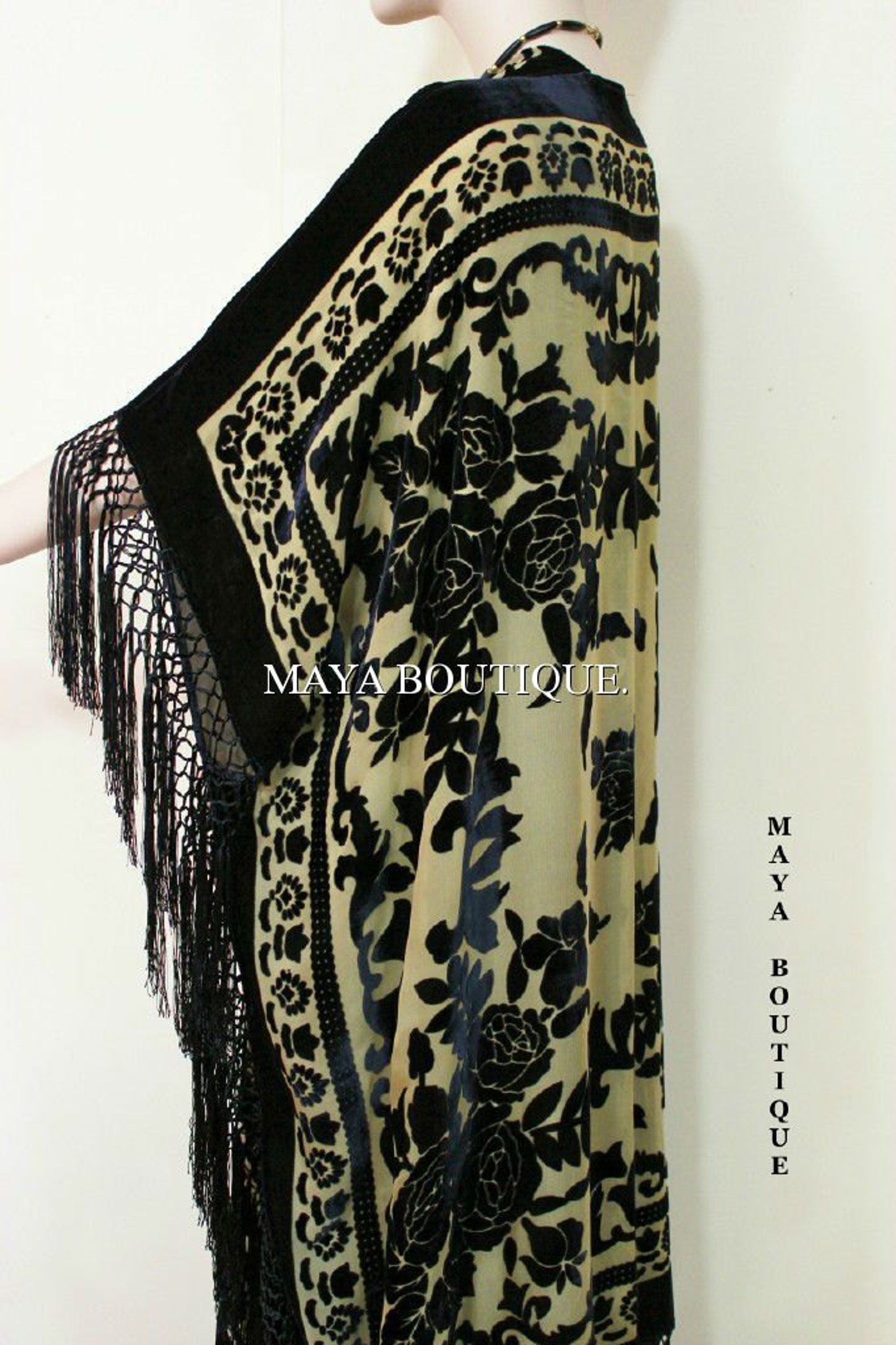 Caftan Duster Fringe Jacket Kimono Black & Beige Silk Burnout Velvet ...
