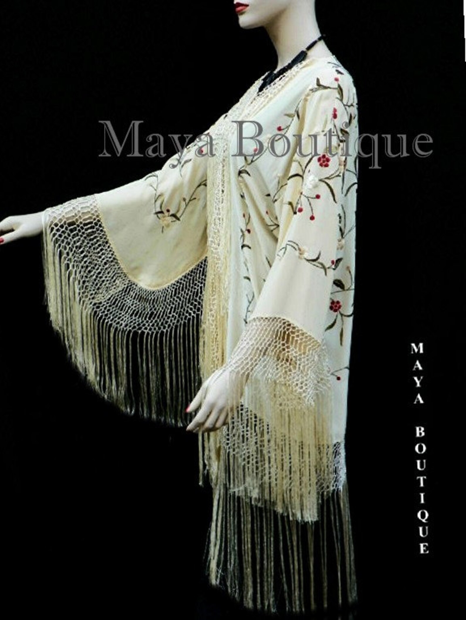 Silk Embroidered Fringe Kimono Flapper Jacket Vanilla Maya Matazaro USA ...