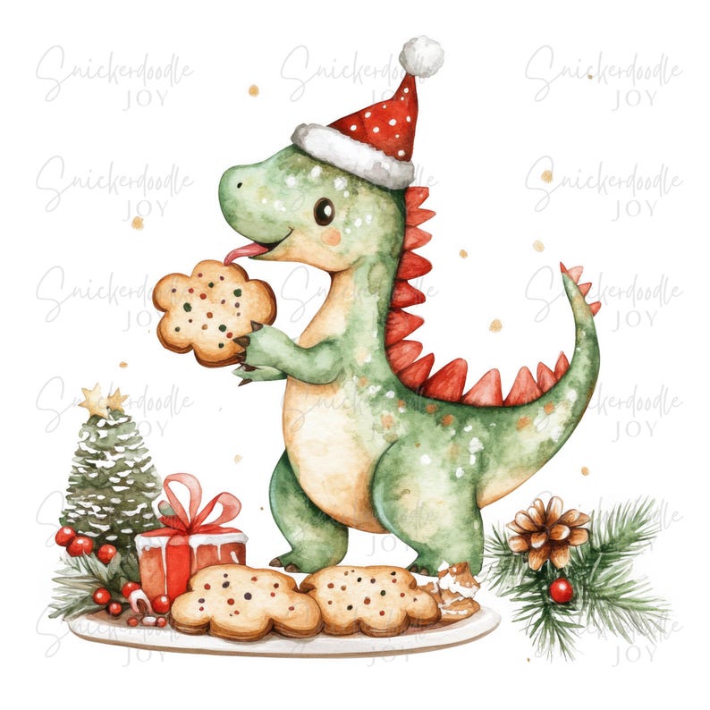 Christmas Dinosaurs Clipart Watercolor Christmas Dinos Clip Art Holiday ...