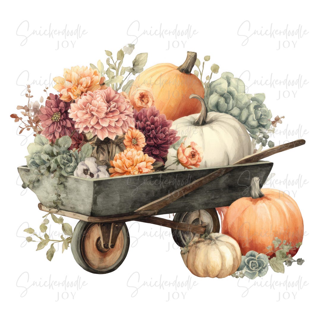 Fall Wheelbarrow Clipart Autumn Clip Art Fall Floral Pumpkin Printable ...