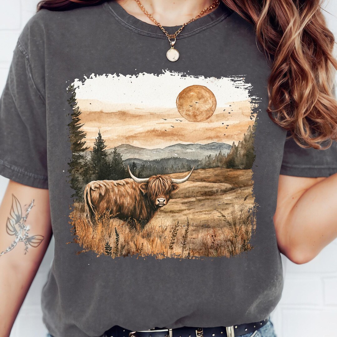 Highland Cow Sunset PNG 90s Graphic Style Vintage Shaggy Cow ...