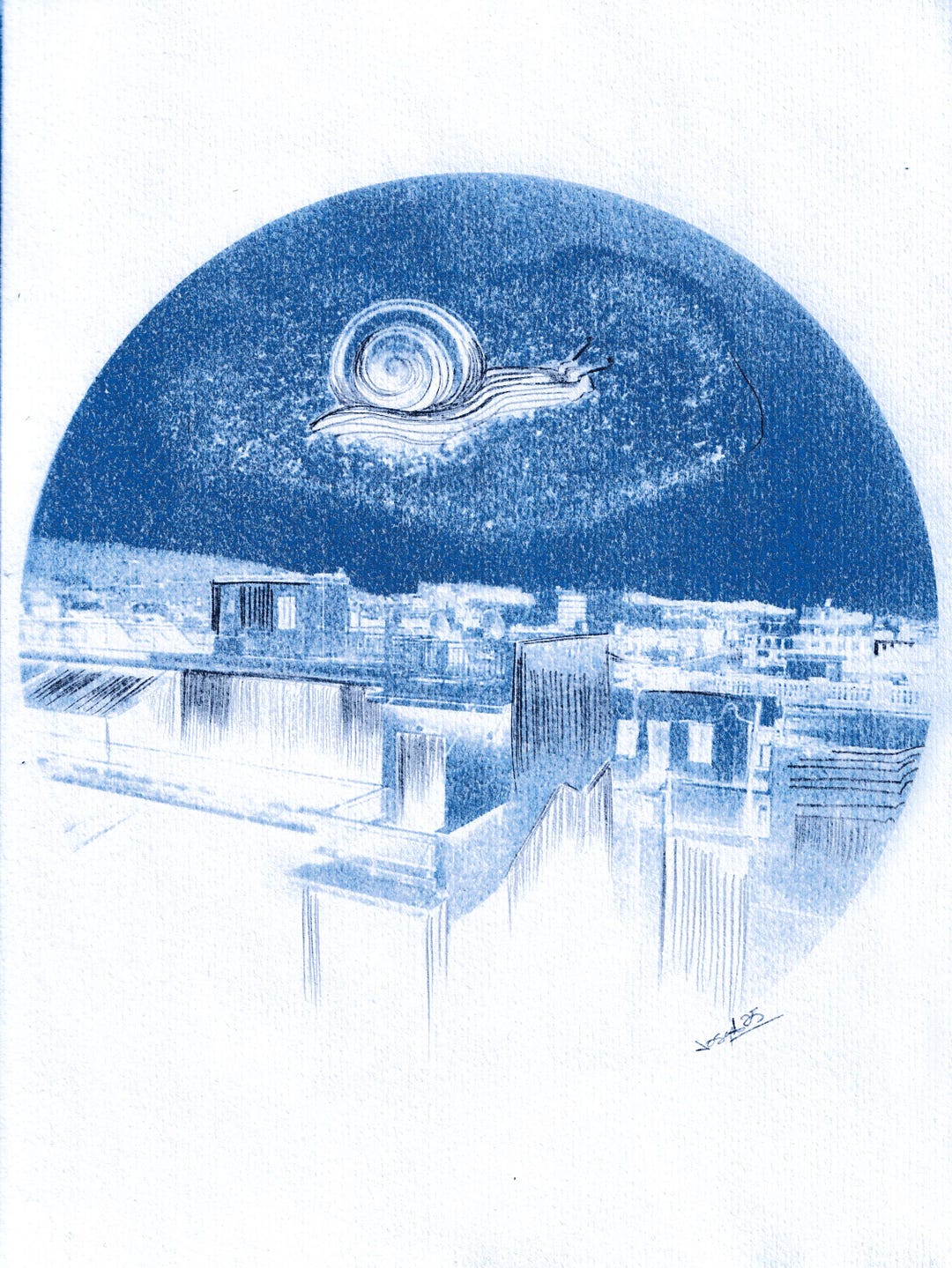 Cyanotype and Graphite Pencil Digital Print, Blueprint, Prussian Blue ...