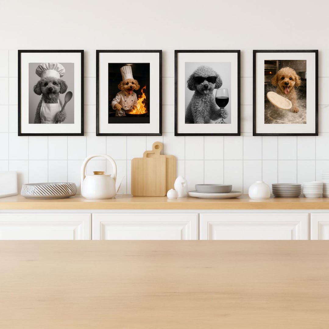 Set of 4 Custom Pet Portraits, Kitchen Pet Portrait, Pet Wall Art, Chef ...