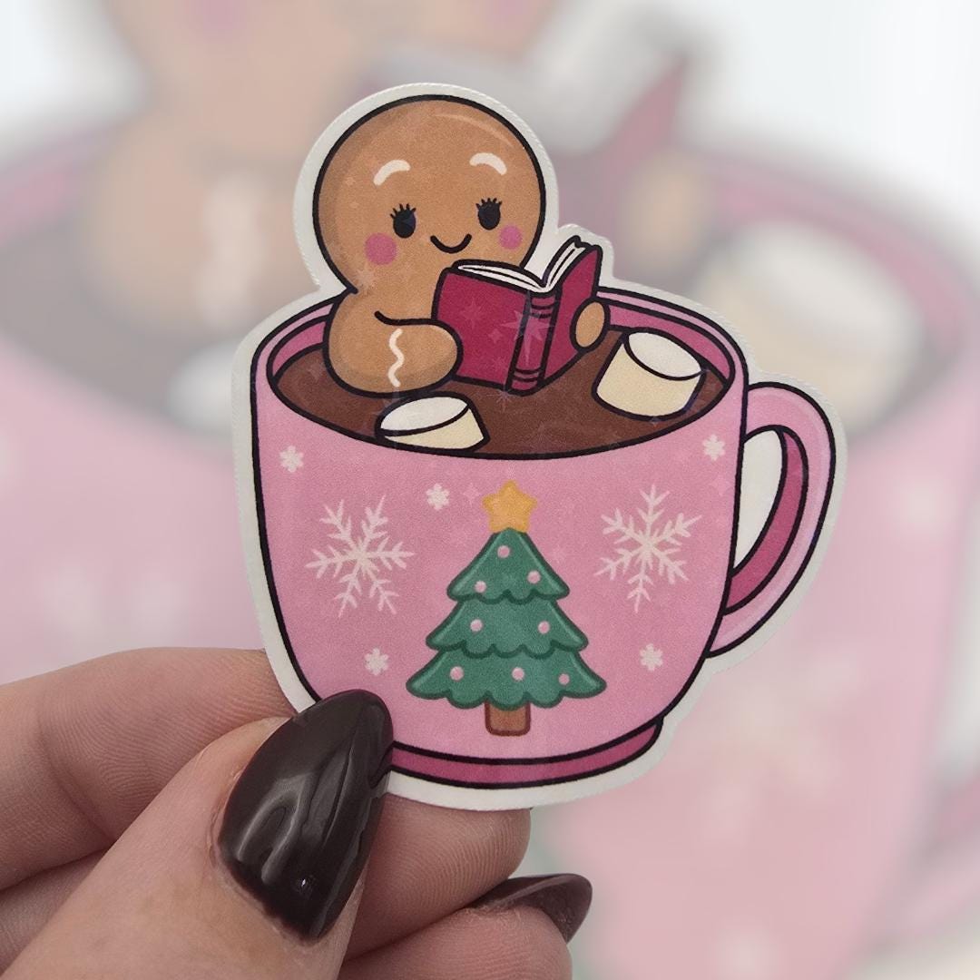 Reading Gingerbread Man in Mug Waterproof Sticker: Kindle, Laptop ...