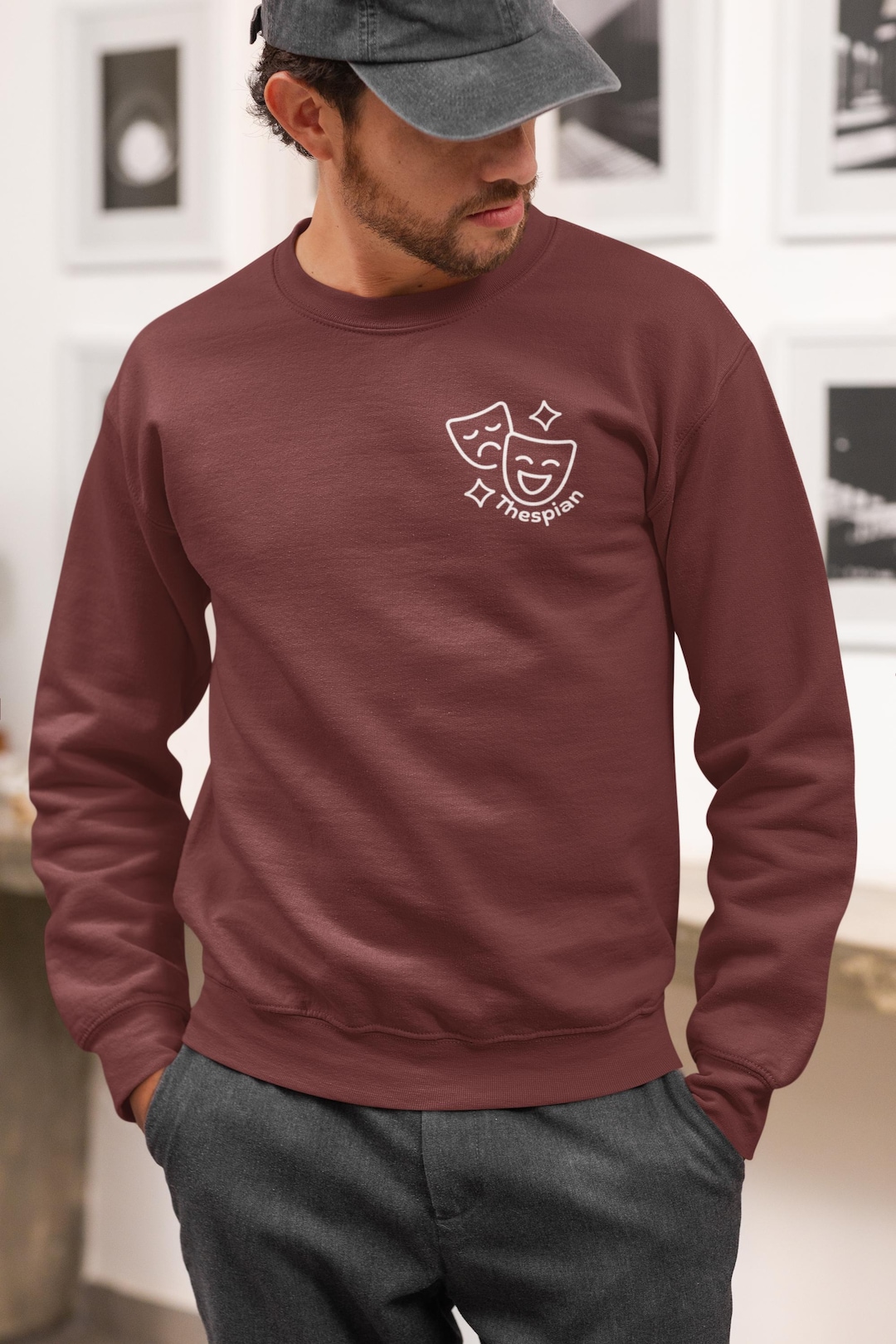 Thespian Comedy Tragedy Masks Sweatshirt, Drama Apparel, Dark Color ...