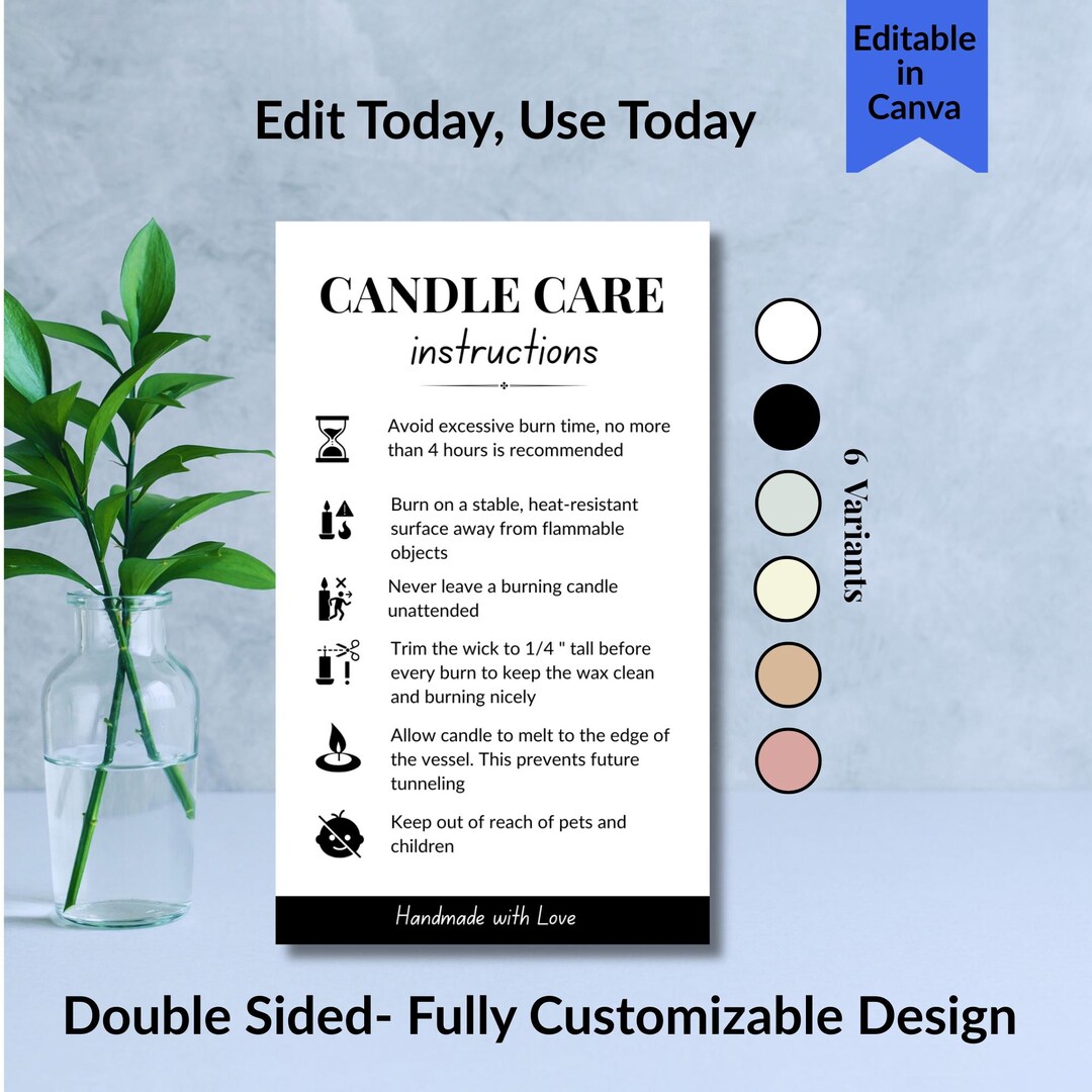 Editable Candle Care Card Template, Canva Instructions (digital ...