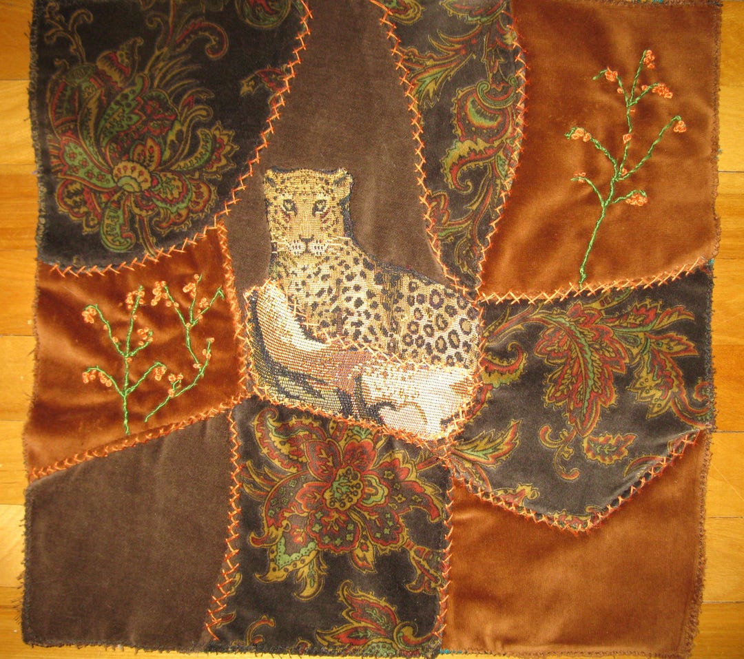 Crazy Quilt Velvet African Feline Square for Sewing Project. 15 X 15 ...