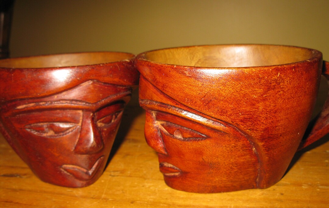 Two Hand Sculpted Wood Cups. Portrait Design - Etsy