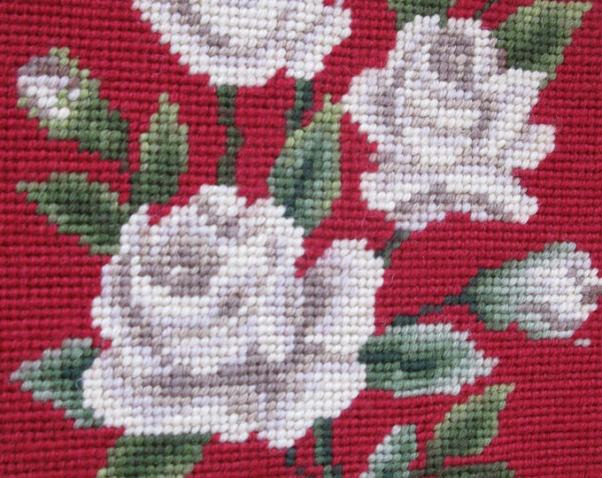 Finished Flowers Needlepoint. White Roses on Burgundy Background 9 X 13 ...