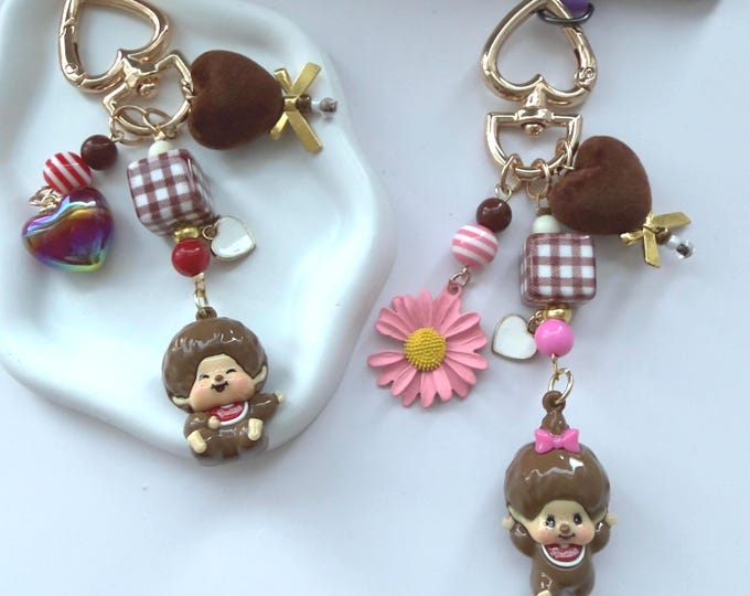 Monchhichi Charm – Sweet Heart & Gingham Beaded Keychain - Etsy