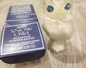 Avon Snow Owl Moonwind Powder Sachet Full, Glass Owl With Blue Gem Eyes ...