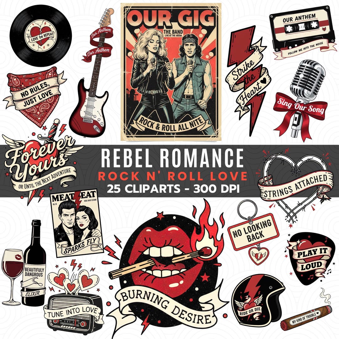 Rebel Romance Rock N’ Roll Love Clipart | Tattoo Style Punk Valentine ...