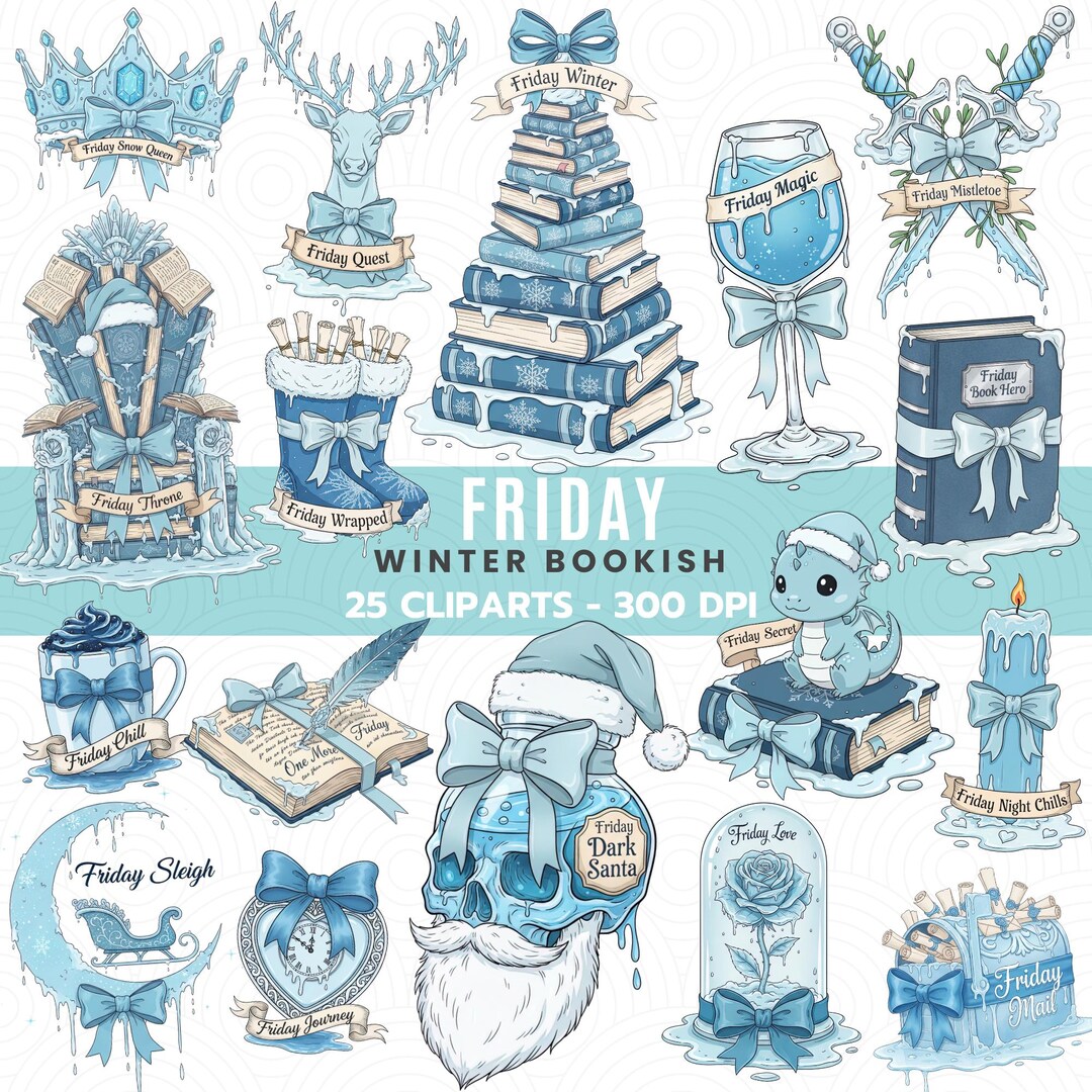 Friday Winter Bookish Clipart Bundle PNG, 300 DPI Book Lover Winter ...