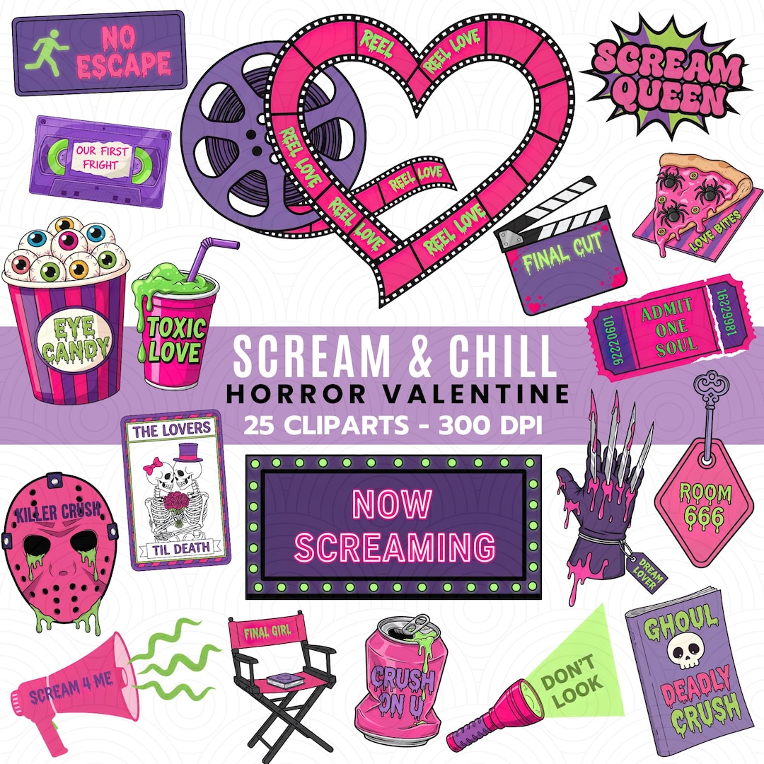 Scream & Chill Horror Valentine Clipart Bundle | Horror Movie Night PNG ...