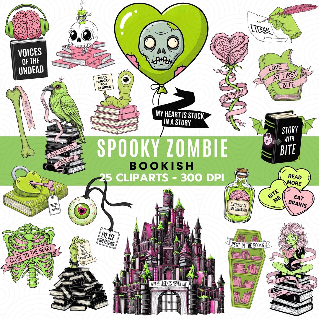 Spooky Zombie Bookish Clipart Bundle | Horror Reading PNG | Gothic Book ...