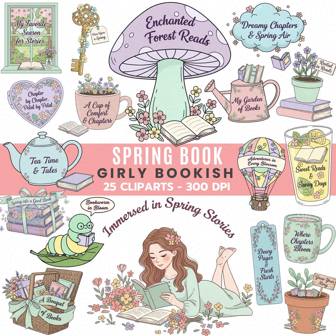 Spring Book Girly Bookish Clipart Bundle PNG 300 DPI Pastel Floral ...