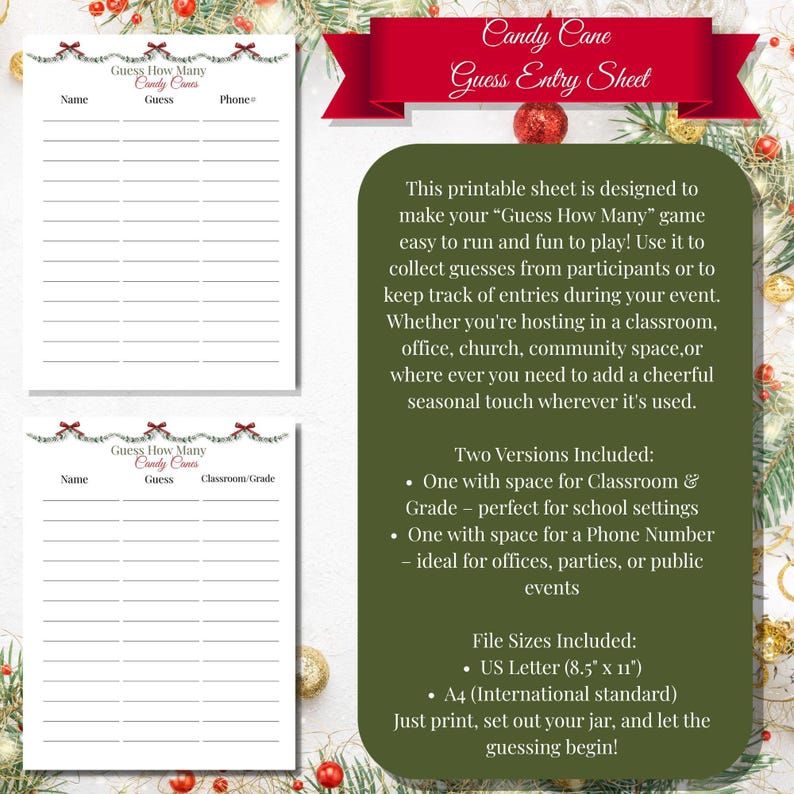Christmas Candy Cane Guessing Game: Holiday Party Printable (digital ...