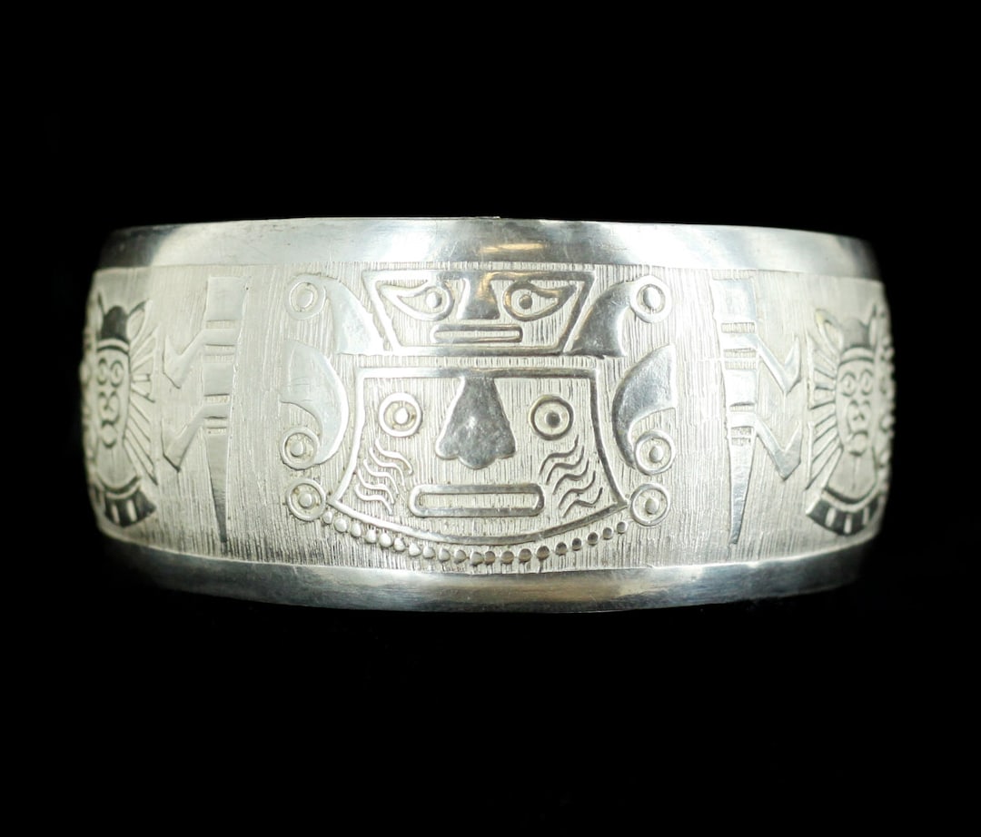 Vintage Mid Century Peruvian Sterling Silver Iconographic Cuff Bracelet ...