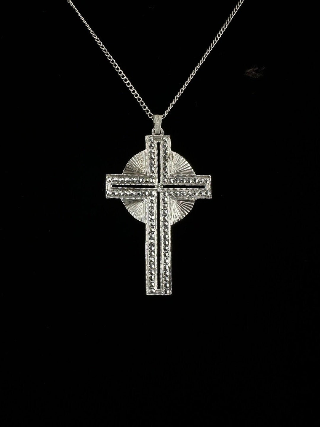 Vintage Sterling Silver Cross Double Row Marcasite Sun Ray Necklace 18 ...
