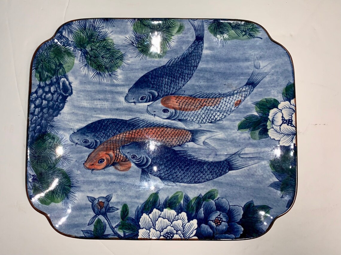 Vintage Japanese Porcelain Serving Dish Plate Koi Fish & Lotus | Etsy