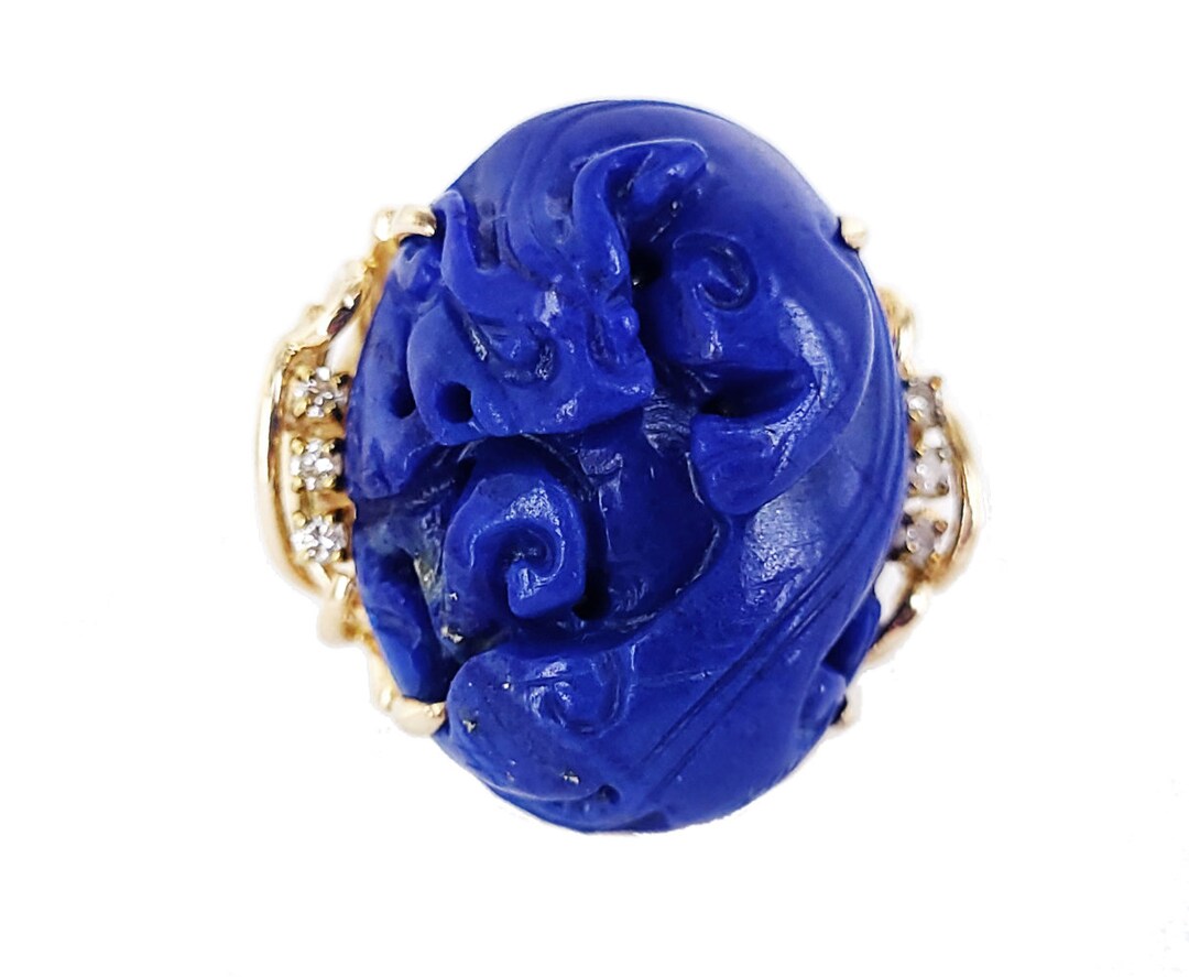 Vintage 14k Gold Carved Fu Dog Lapis Lazuli Diamond MCM Statement Ring ...