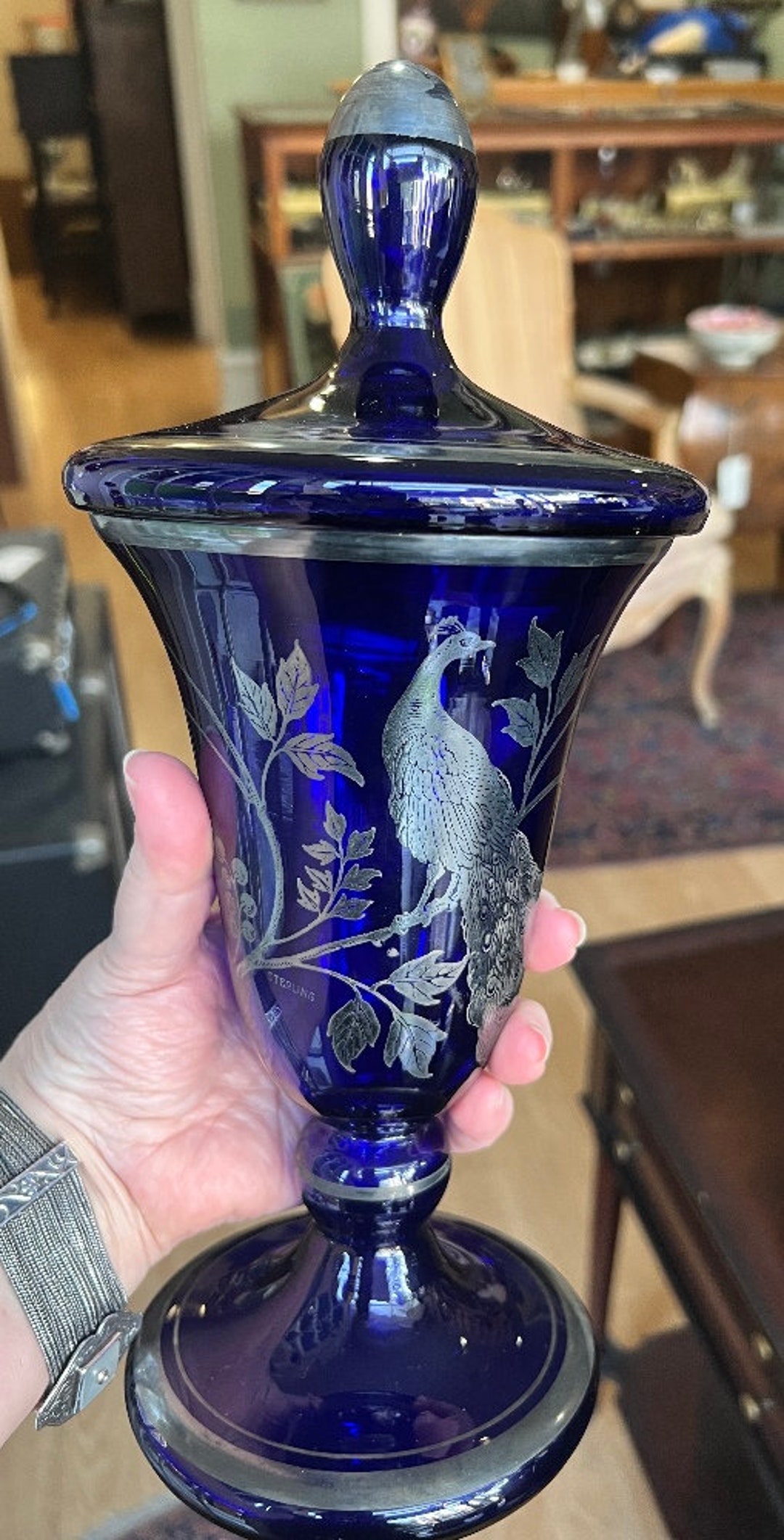 Antique Sterling Overlay Peacock Cobalt Blue Covered Jar Art Glass ...