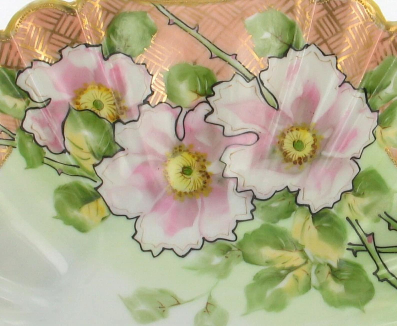 Rare Nippon Morimura Wild Pink Rose Center Bowl Cross Hatch Ruffled 12 ...