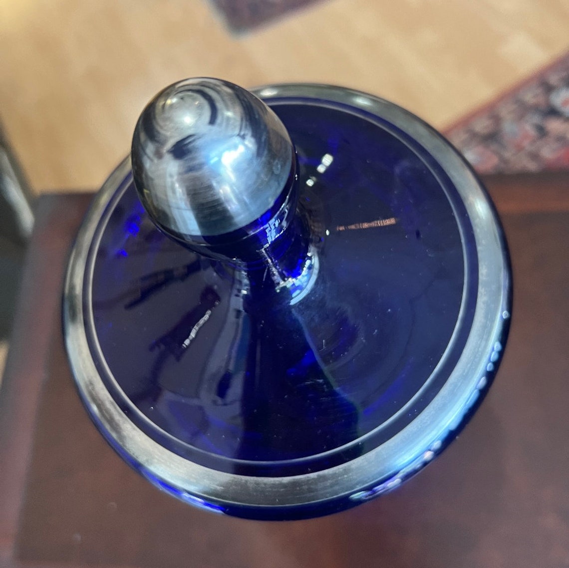 Antique Sterling Overlay Peacock Cobalt Blue Covered Jar Art Glass ...