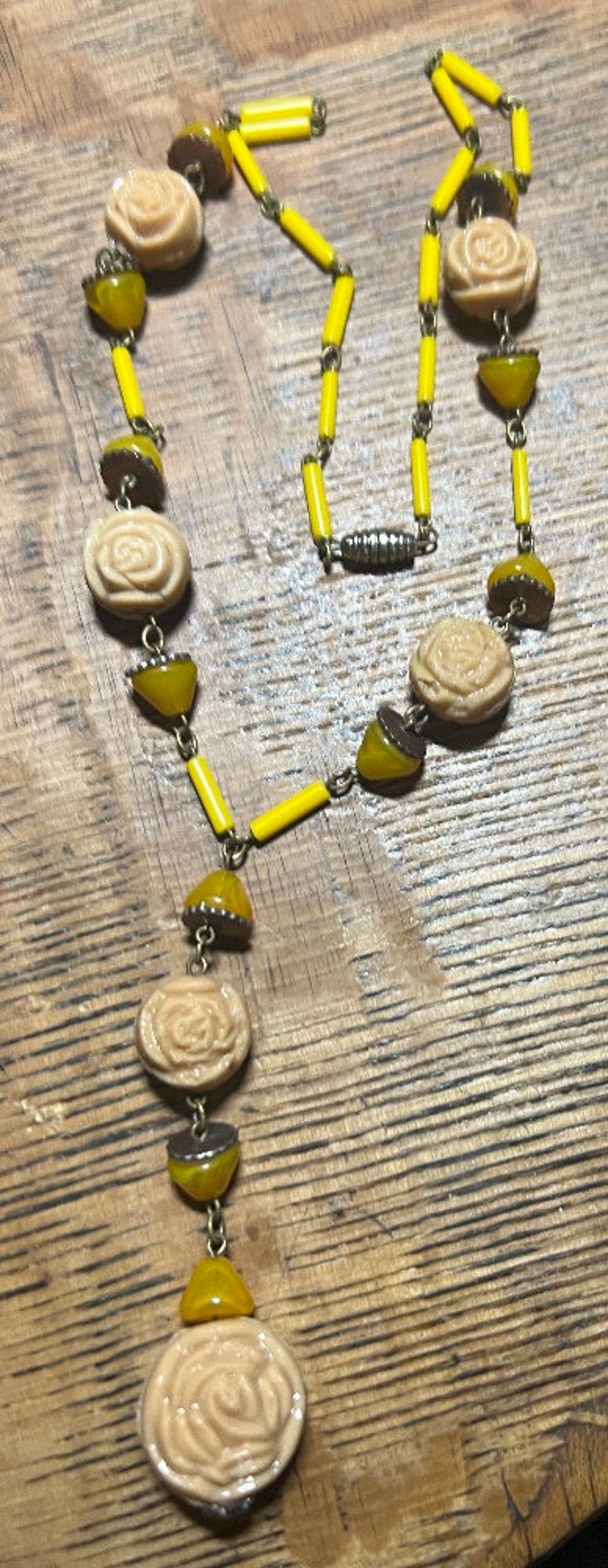 Antique Deco Czech Neiger Bros Yellow Beige Glass Rose Beads Drop Y ...